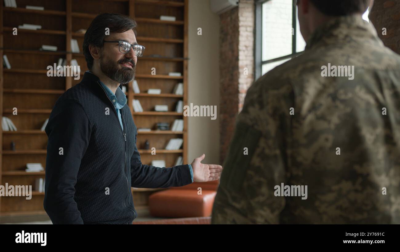 Professional Caucasian male man psychologist greet shaking hand gesture ...