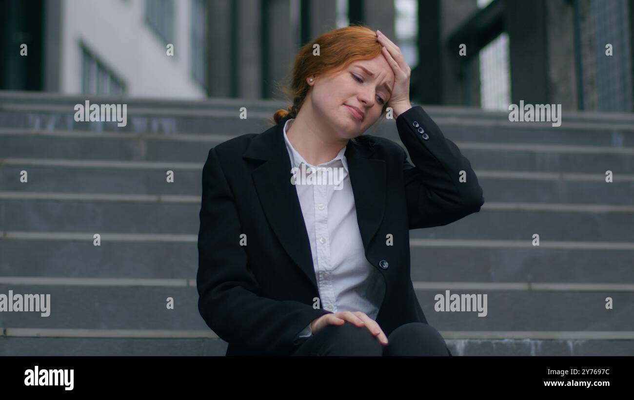 Stressed frustrated sad Caucasian girl businesswoman female fired ...