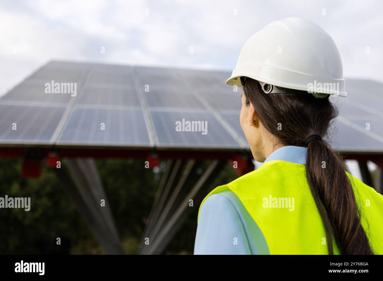 Back view of a solar energy engineer conducting an inspection of solar ...