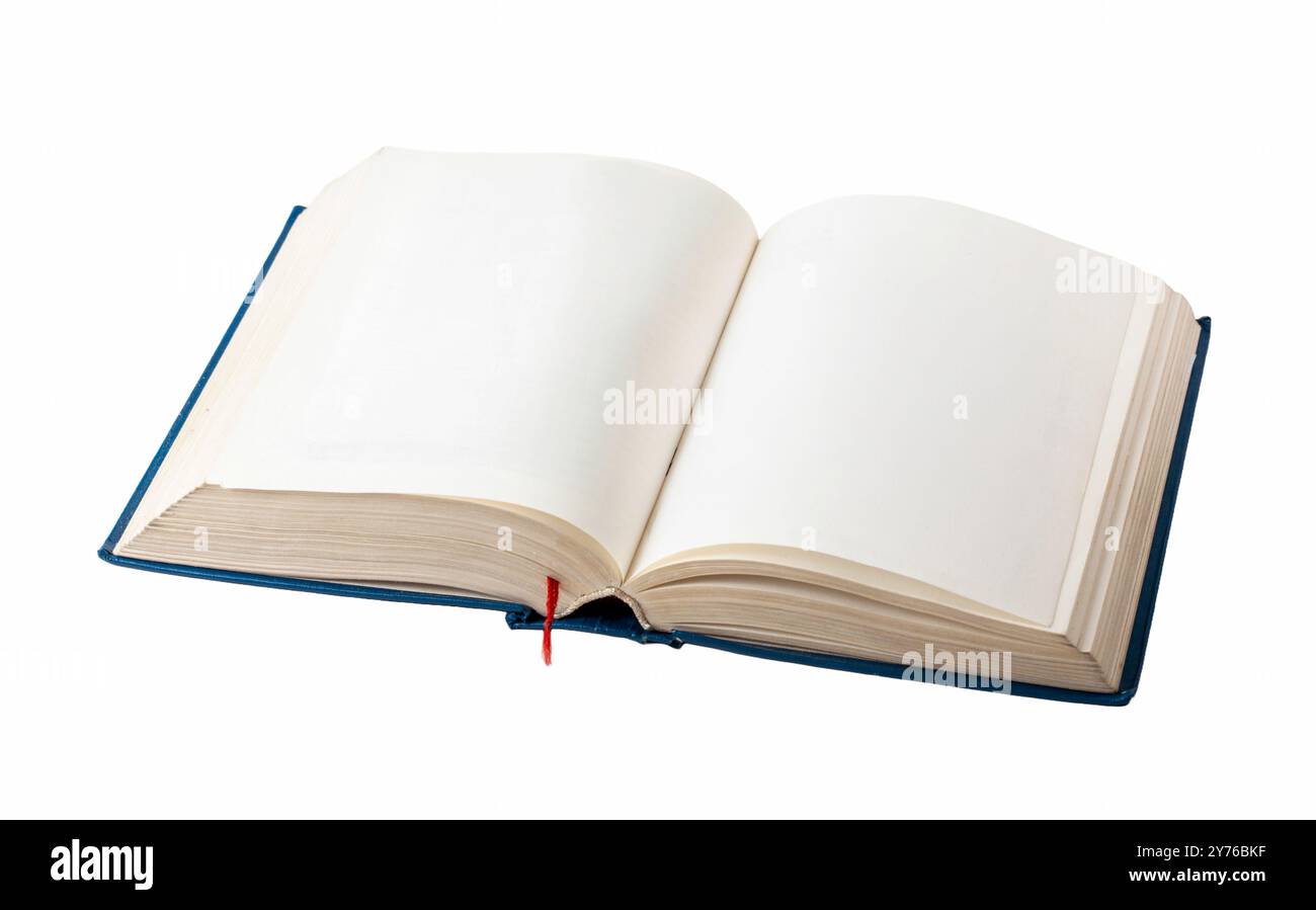 Simple blue thick book spread open with empty white blank empty pages ...