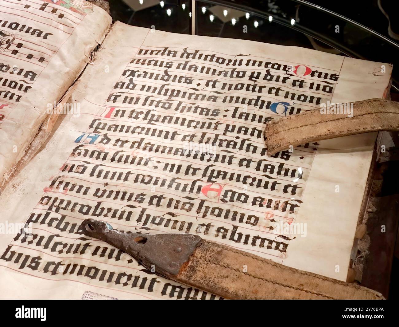 Large old antique medieval book written in Latin gothic font, object ...