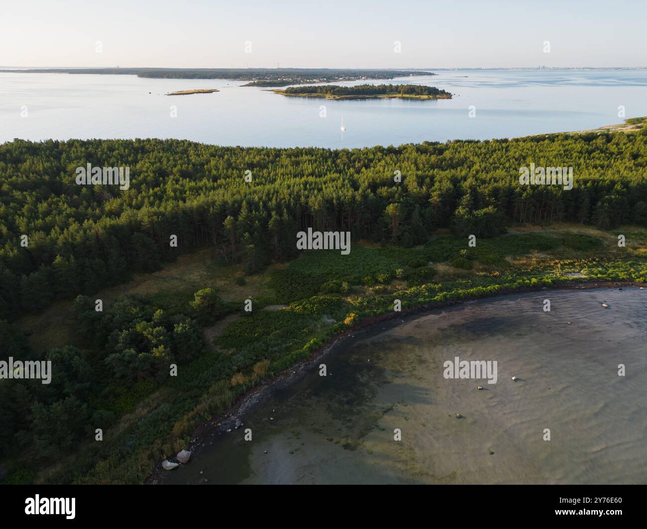 Calm in the Baltic Sea off the coast of Estonia, drone view of Aegna ...