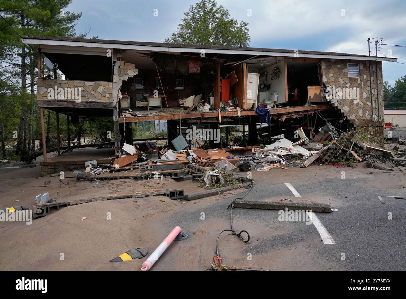 A flood damaged building left by tropical depression Helene is seen in ...