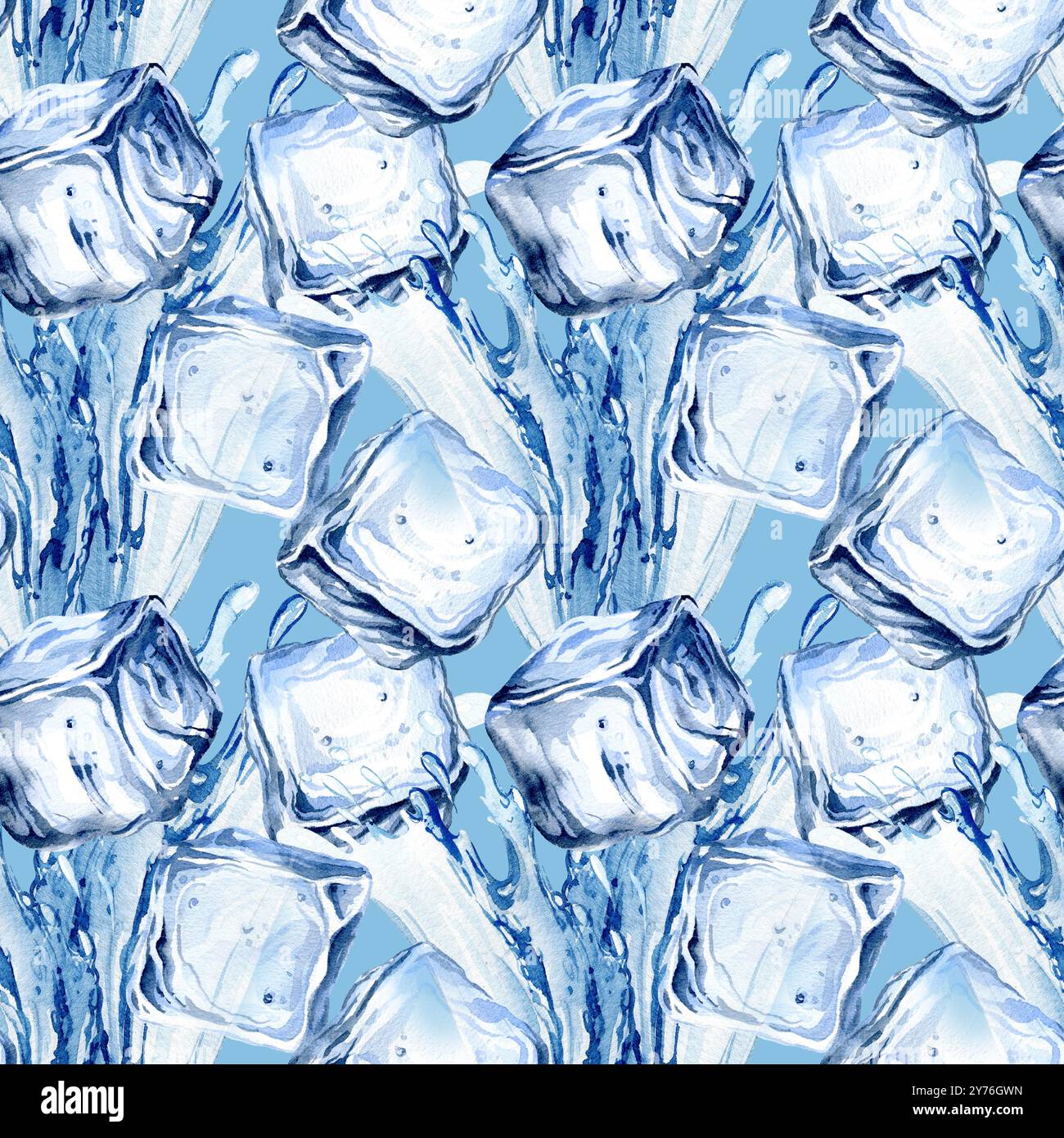 crystal ice blocks and water jet, splashes, seamless pattern with hand ...