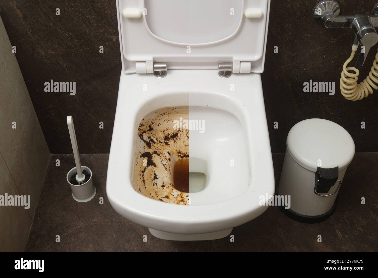 Toilet bowl showing half dirty and half clean comparison, before and ...