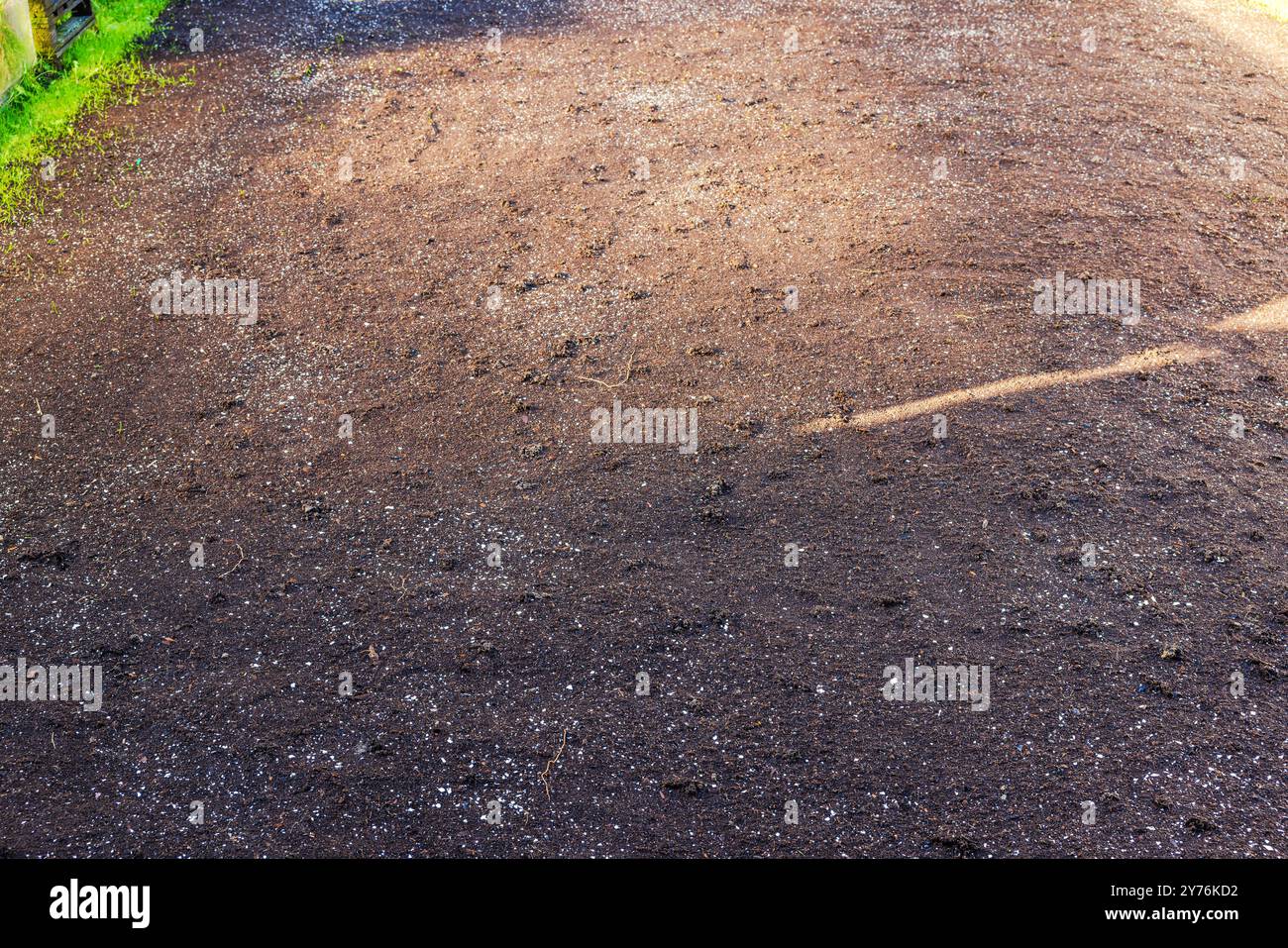 Close-up view of freshly prepared soil in a garden bed, ready for ...