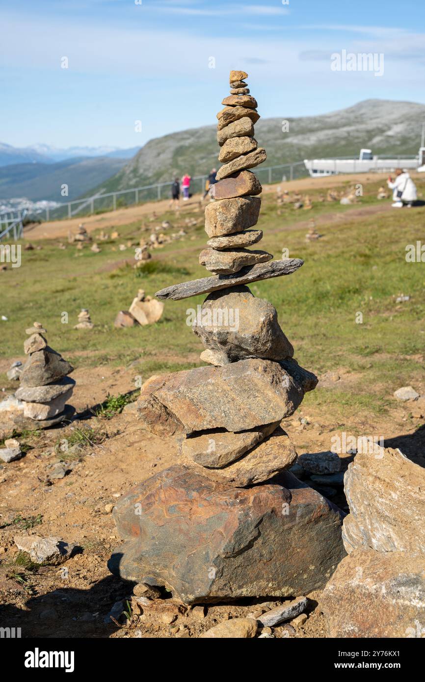 Stack of stones in Tromso, Norway, Storsteinen viewpoint Stock Photo ...