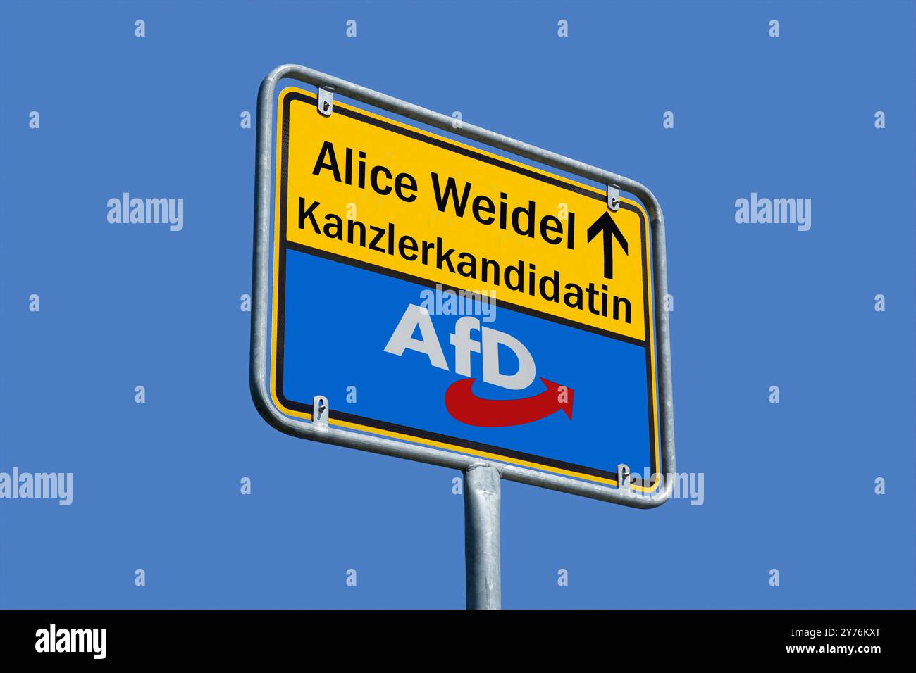 Ortsschild mit AfD-Logo und Schriftzug Alice Weidel mit ...
