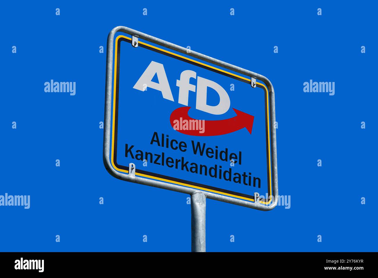 Ortsschild mit AfD-Logo und Schriftzug Alice Weidel mit ...