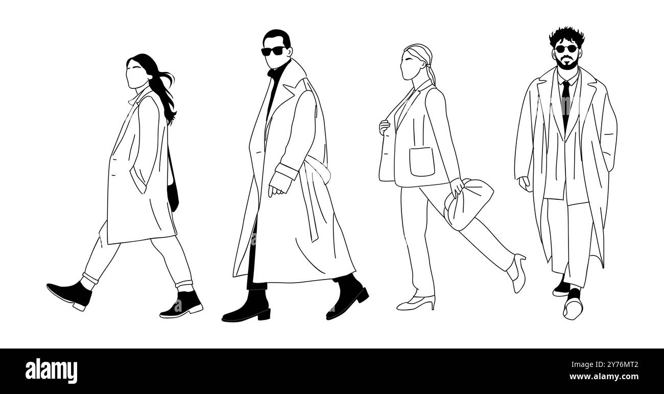 Set of different people walking line art drawing Stock Vector Image ...