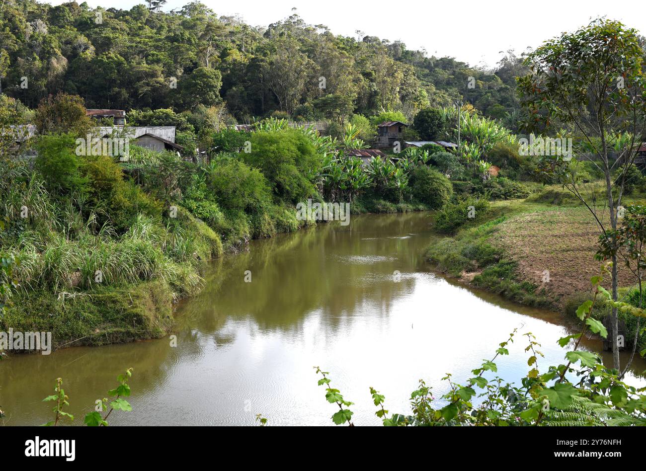 Andasibe, rural municipality. Traditional wood houses next to Vohitra river. Moramanga, Alaotra ...