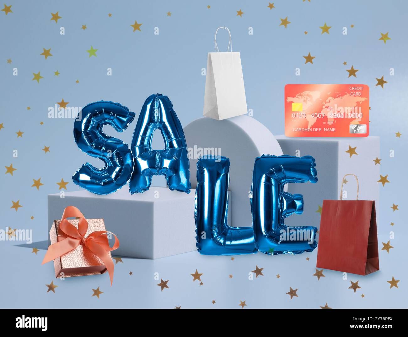 Sale flyer design with word of shiny balloons and gift box on light ...