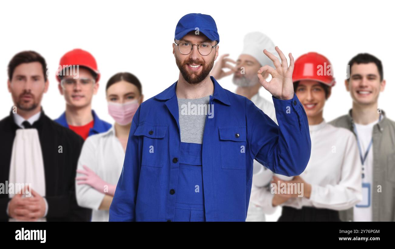 Technician and people of other professions on white background ...