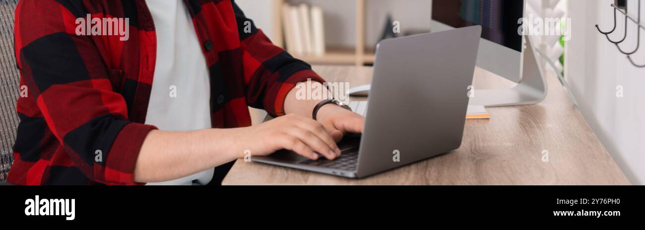 Programmer working with laptop in office, closeup. Banner design Stock ...