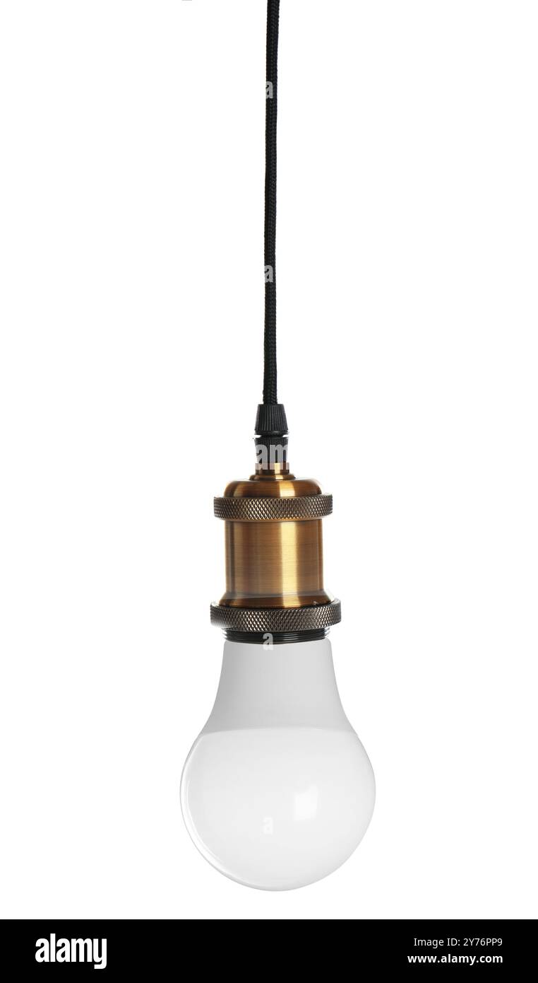One light bulb hanging on white background Stock Photo - Alamy