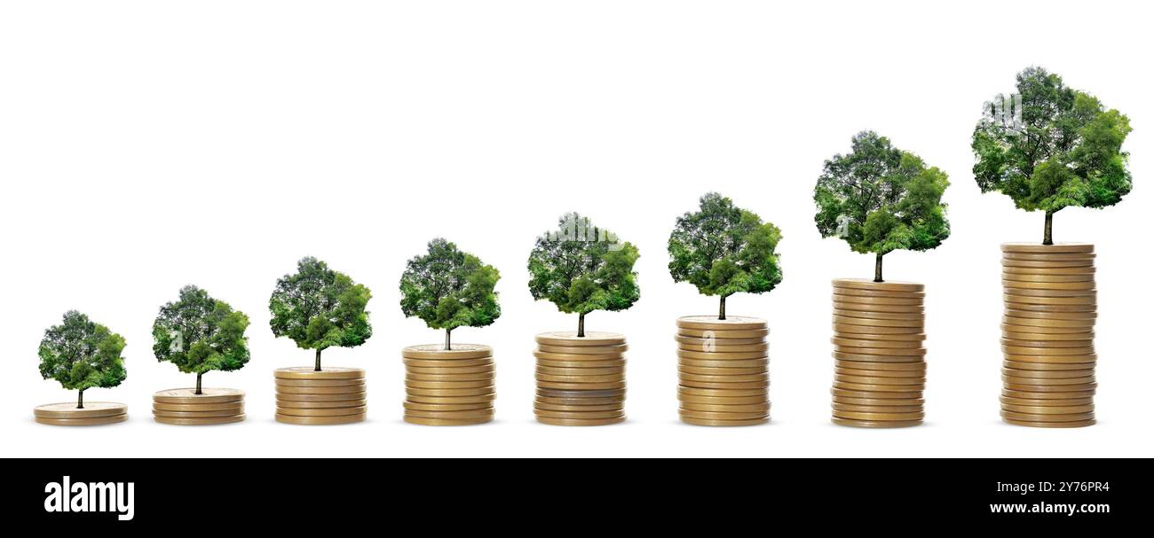 Stacked coins with tiny green trees on white background, banner design ...