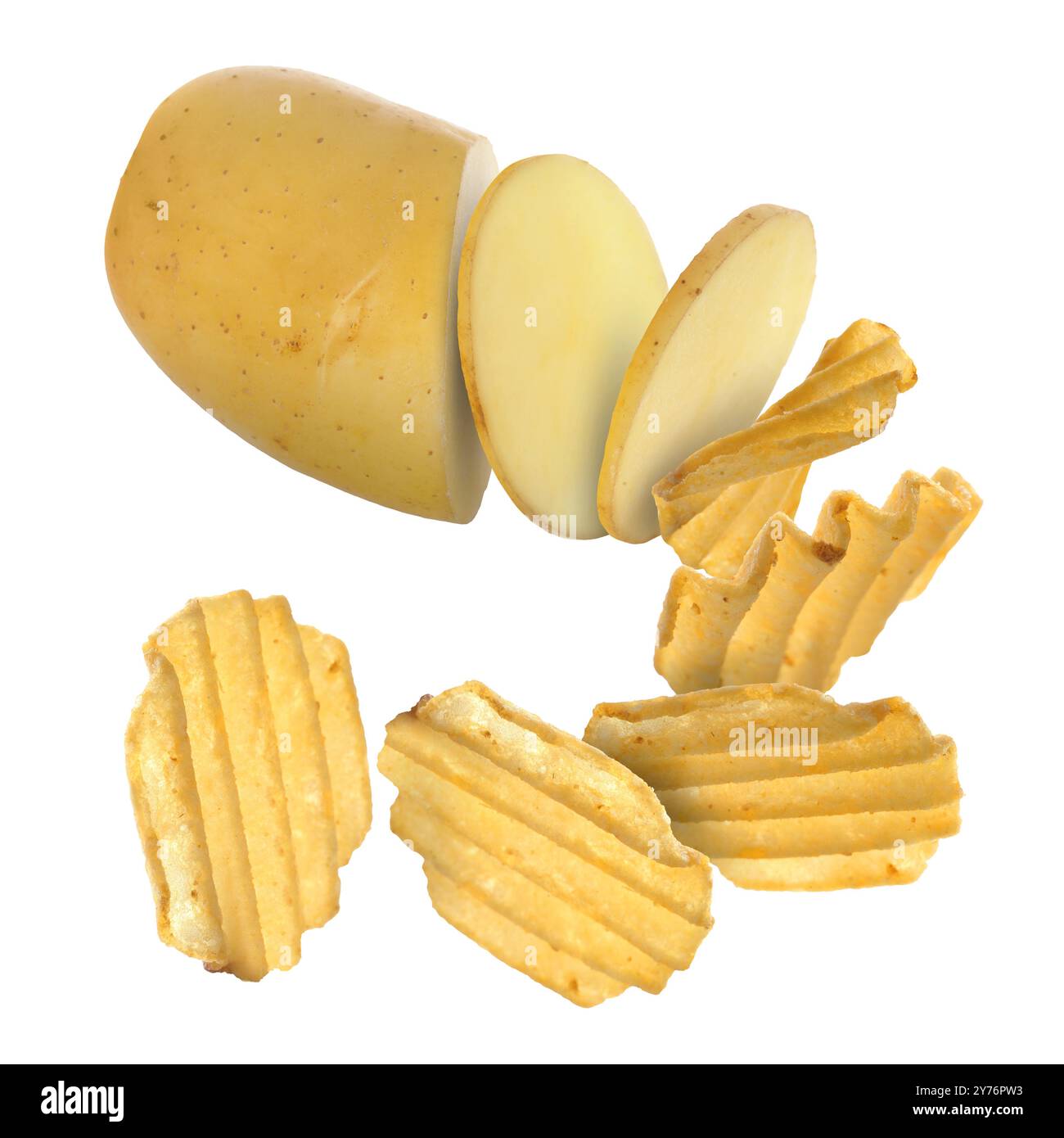 Raw potato turning into tasty crispy chips in air on white background ...