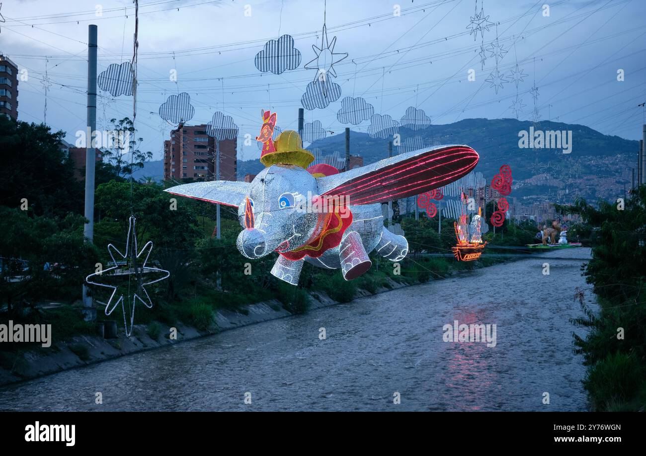 Festive christmas lights over the river in Medellin, Colombia Stock ...