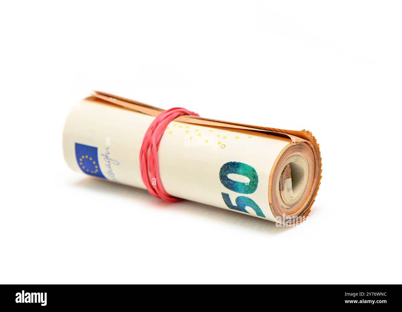 Roll of Euro bank notes, isolated on white, with a reflection ...