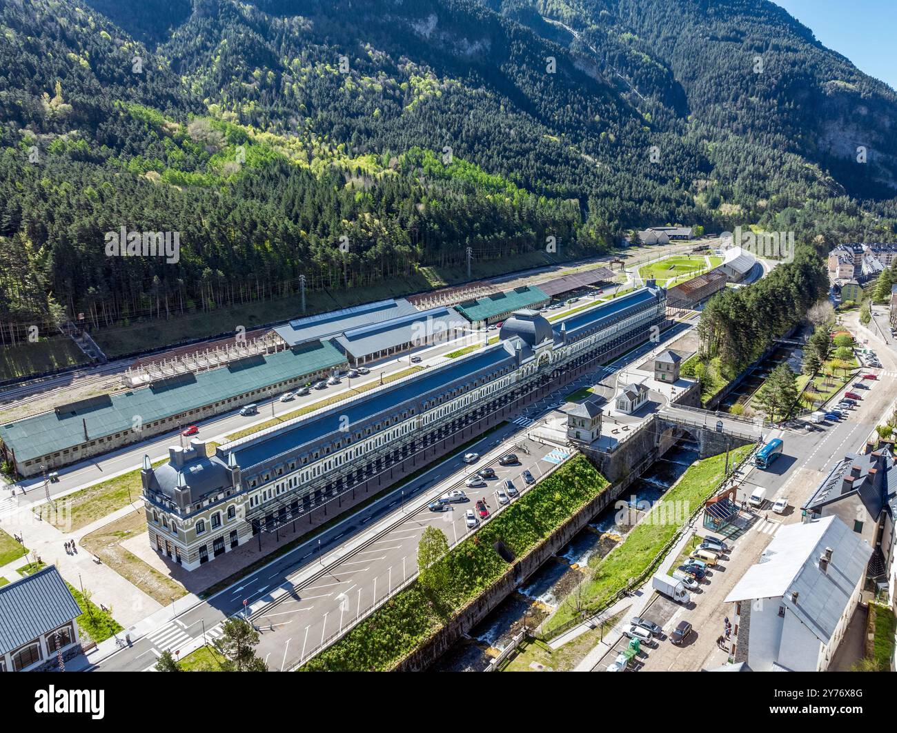 Canfranc Huesca station front view aerial panoramic, Spain Stock Photo ...