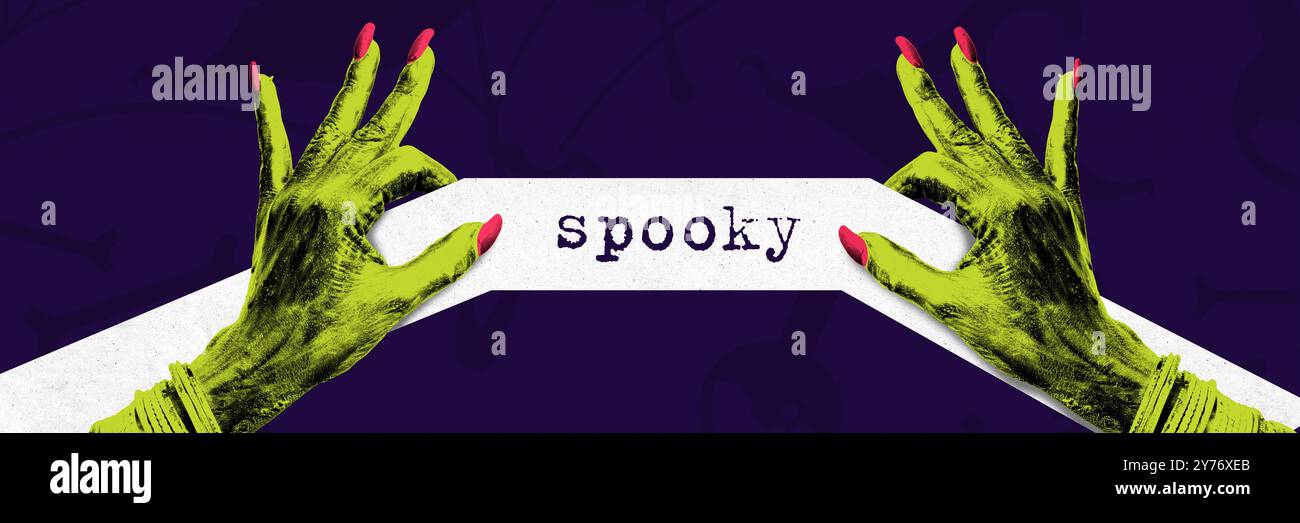 Green witch hands with pink nails holding ribbon labeled spooky against ...