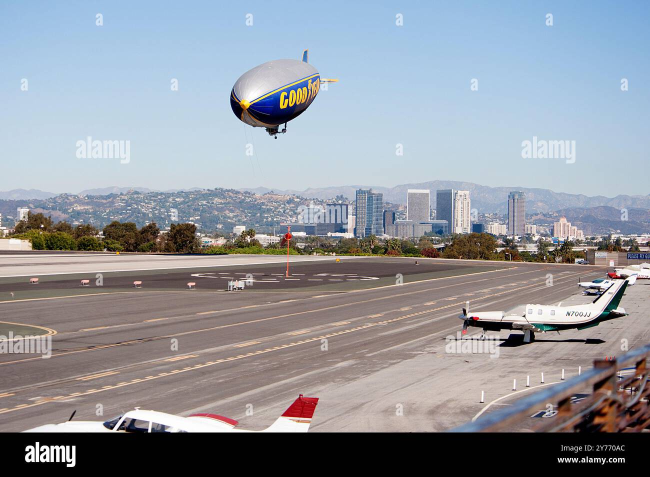 The iconic Goodyear Blimp, a symbol of airship aviation, gracefully ...