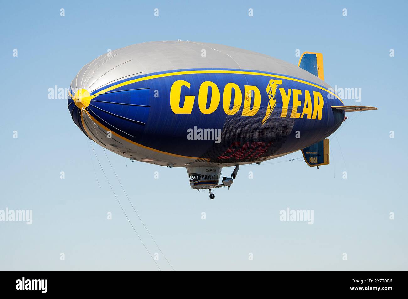 The iconic Goodyear Blimp, a symbol of airship aviation, gracefully ...