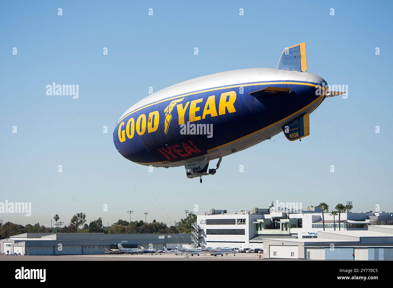 The iconic Goodyear Blimp, a symbol of airship aviation, gracefully ...