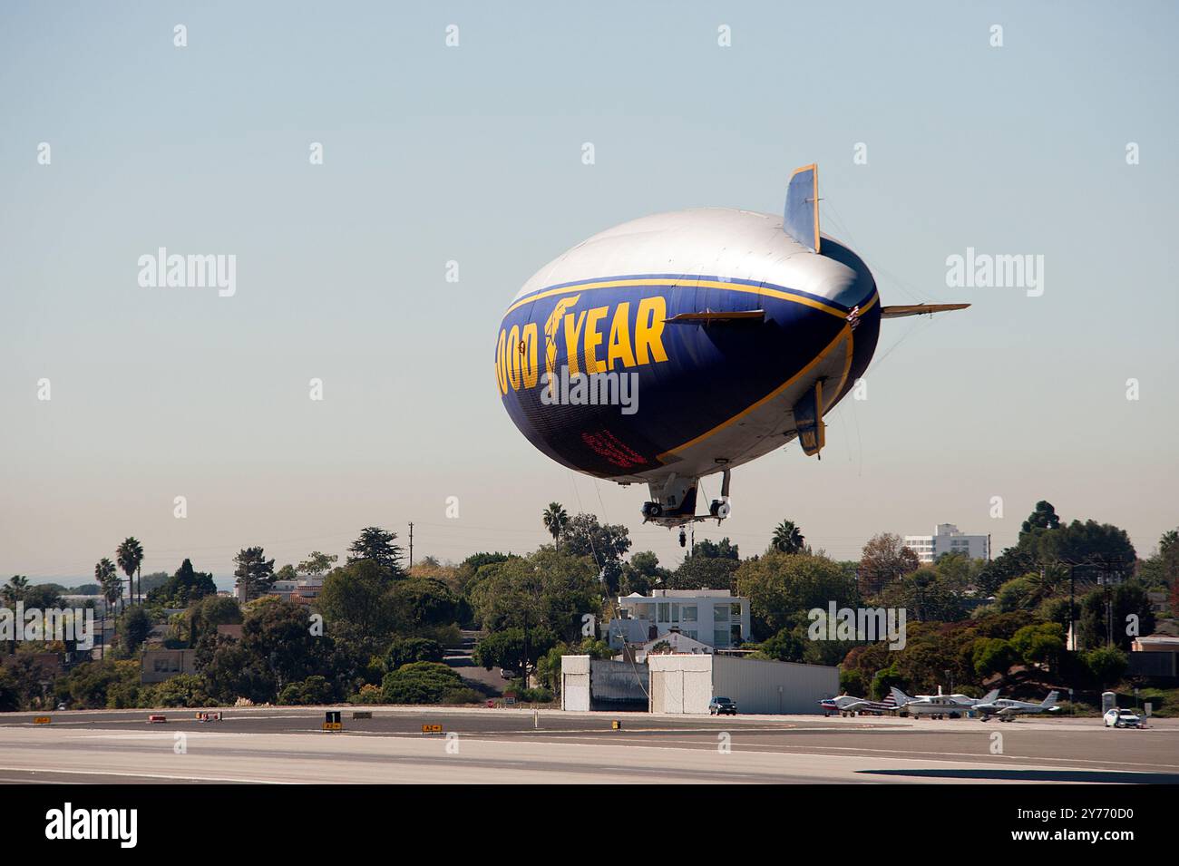The iconic Goodyear Blimp, a symbol of airship aviation, gracefully ...