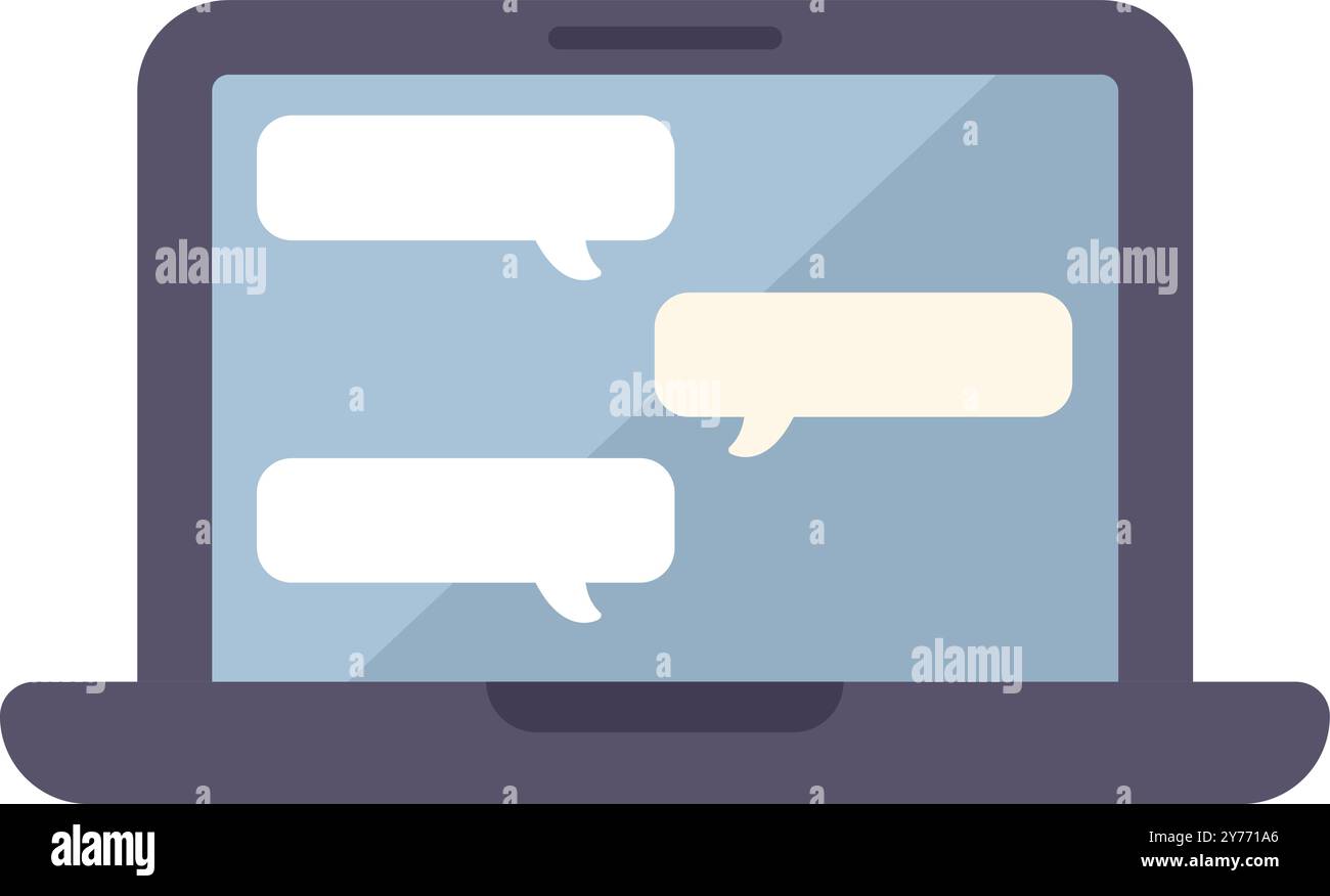 Open laptop computer displaying instant messages on screen, illustrating online communication ...