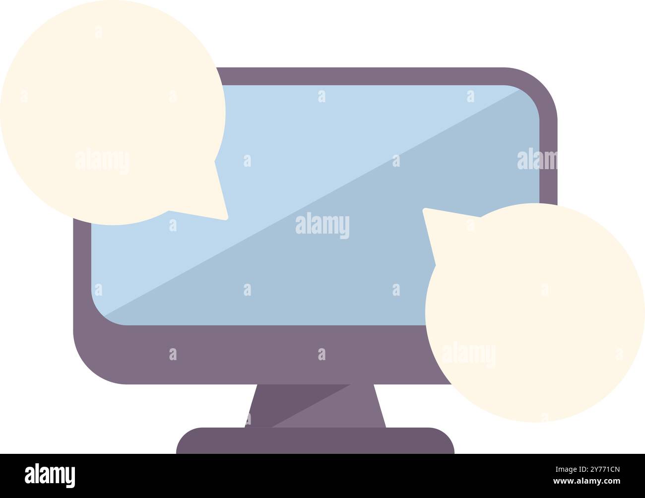 This vector illustration features a desktop computer with two speech ...