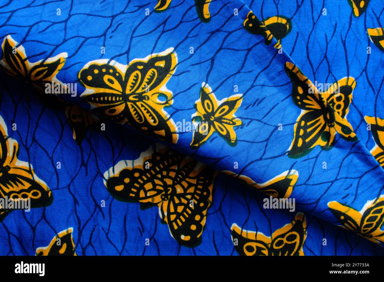 top view of blue ankara fabric, flatlay of nigerian wax cloth with ...