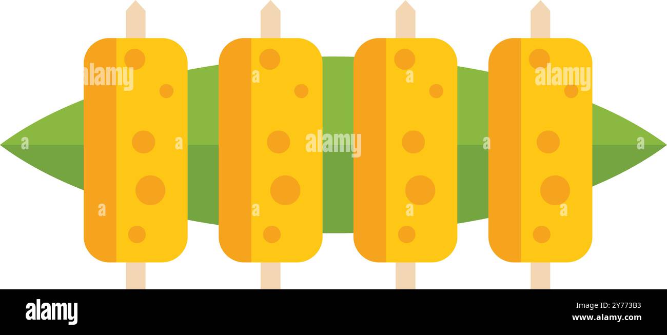 This vector illustration shows four corn cob skewers lying on a green ...