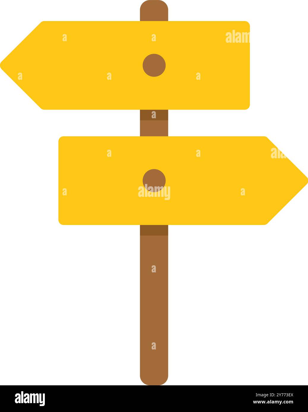 Two blank yellow road signs are pointing in opposite directions on a ...