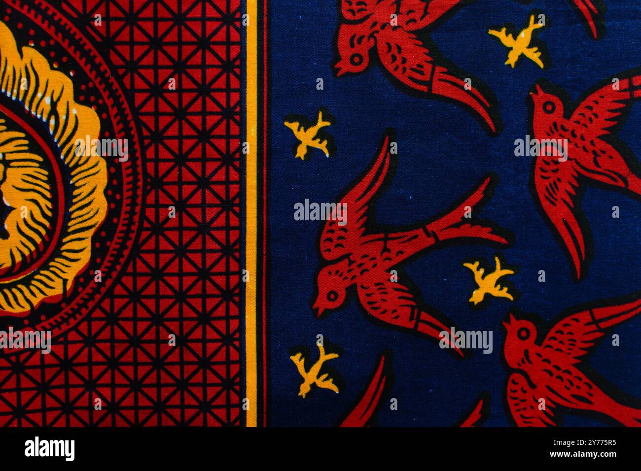 top view of red yellow ankara fabric, flatlay of nigerian wax cloth ...