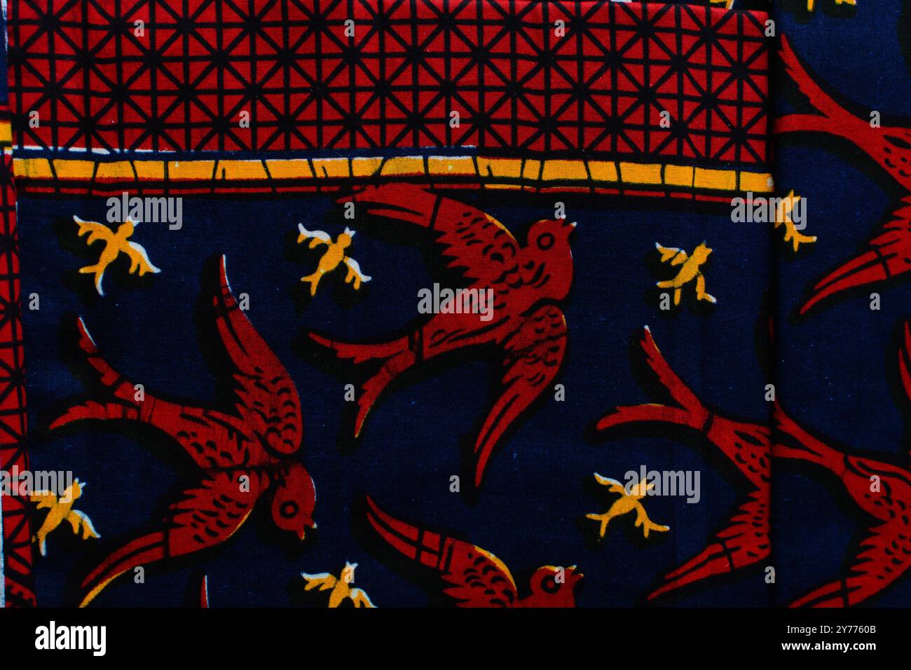 top view of red blue ankara fabric, flatlay of nigerian wax cloth with ...