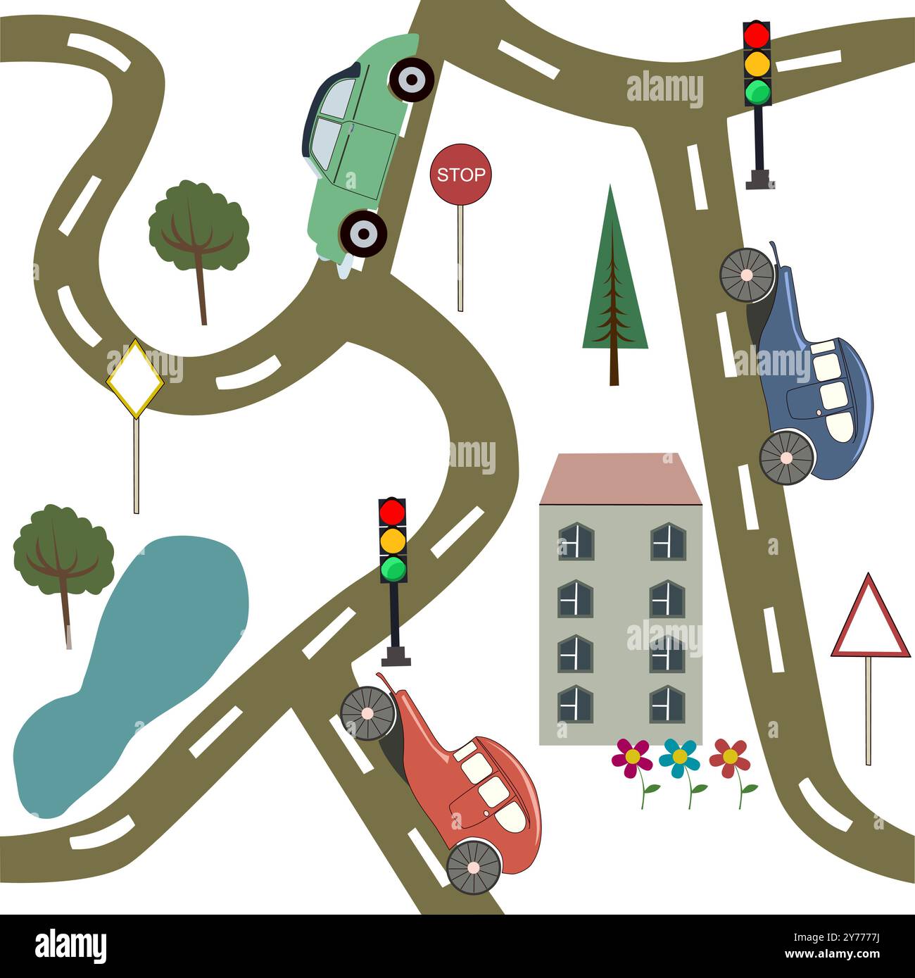 Cute kids seamless pattern with roads and hand drawn cars, road signs ...