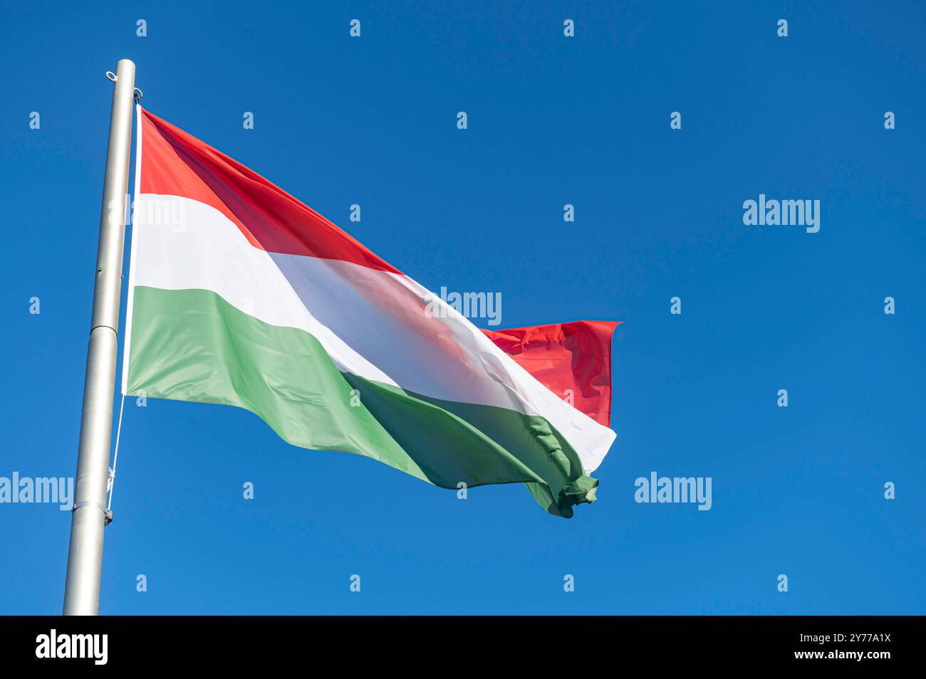 Flag of Hungary flying in the wind with a blue sky background. country ...