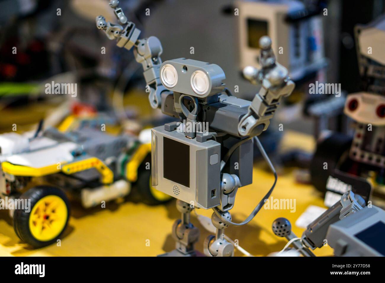 Detailed view of a toy humanoid robot built from construction blocks ...