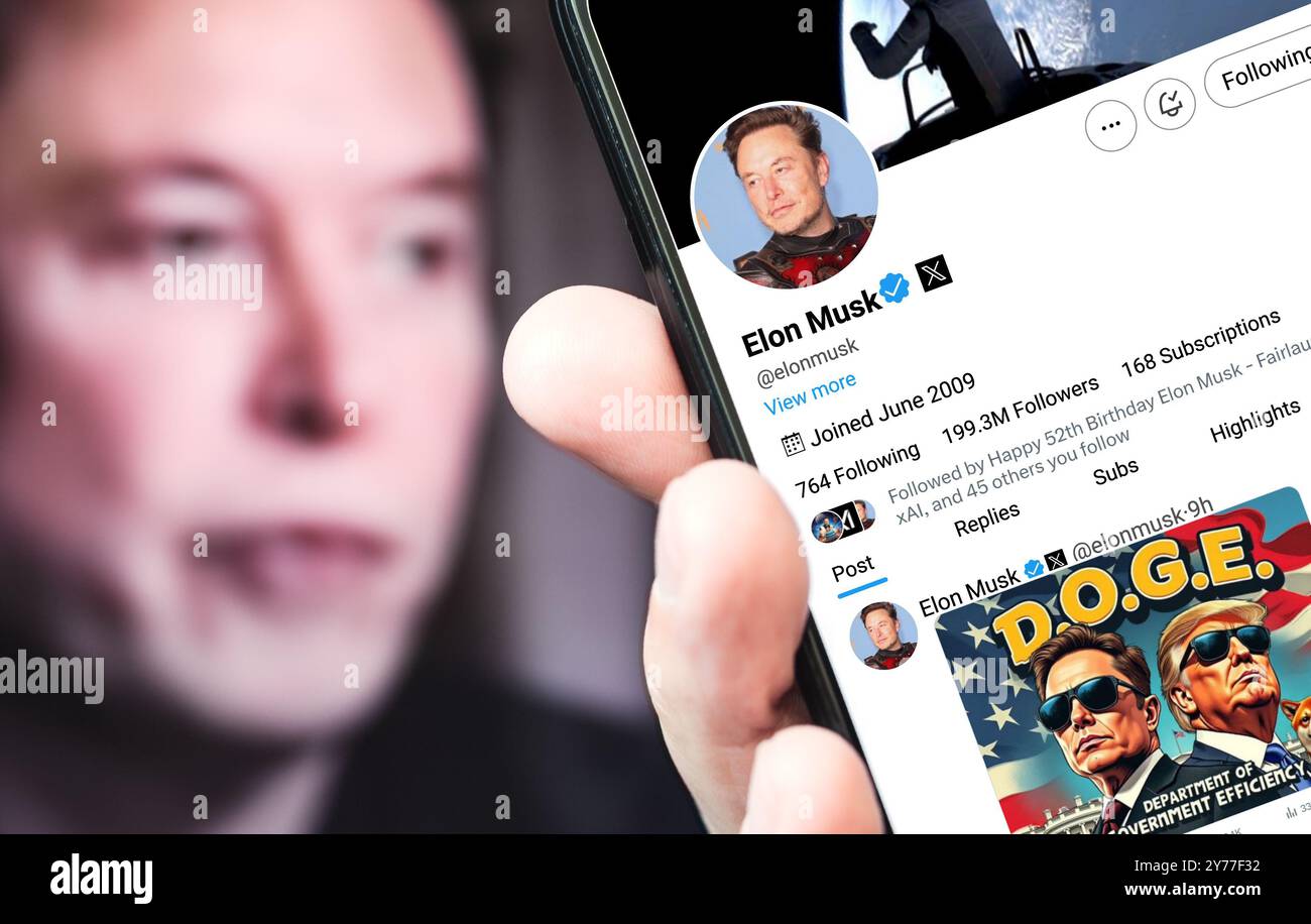 Ukraine. Boryspil. September 28, 2024. Elon Musk profile on a ...