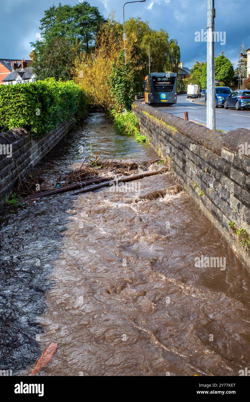 Flood debris blocking water flow in an urban stream in Whitchurch ...