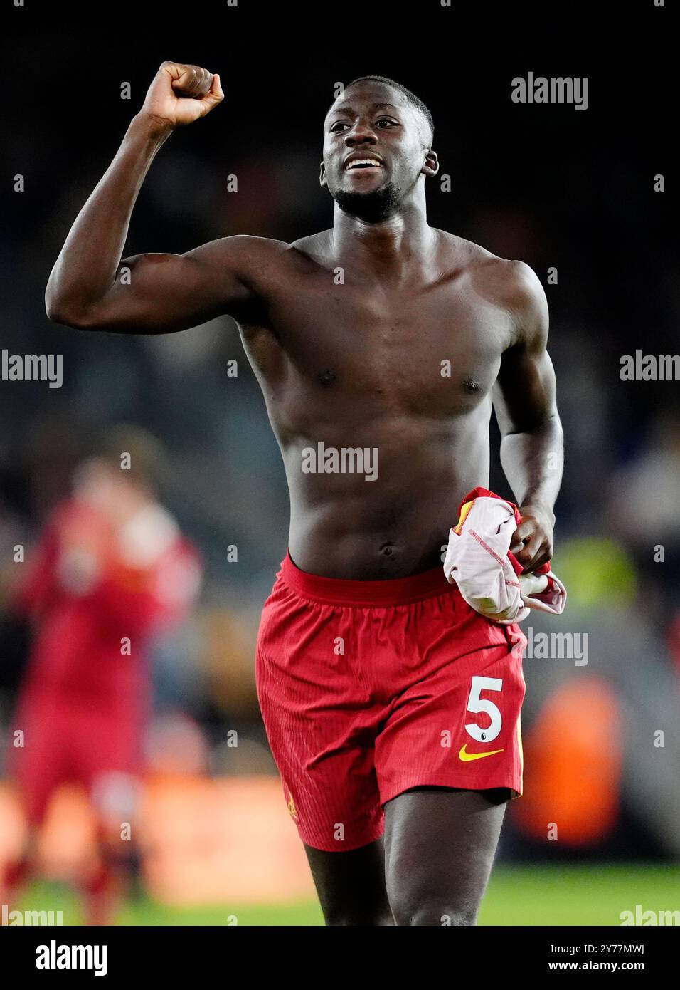 Liverpool's Ibrahima Konate gestures to the crowd after the Premier ...