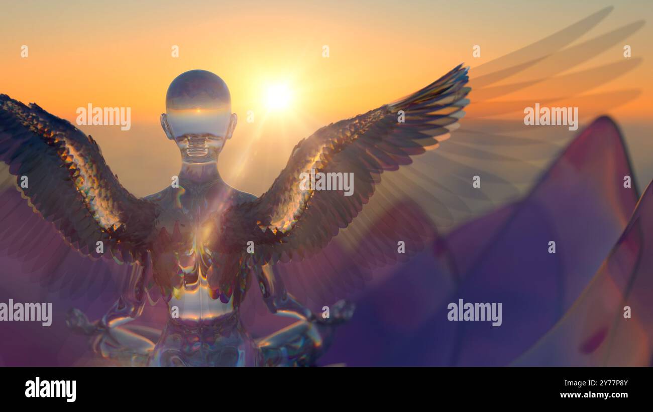 3d illustration of a translucent astral angel at dawn meditating on a ...