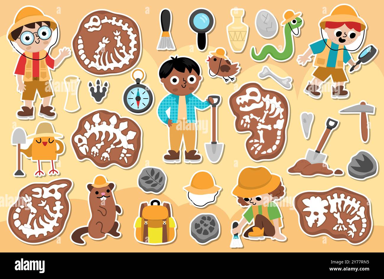 Vector paleontologist sticker pack. Cute prehistoric animal scientist ...