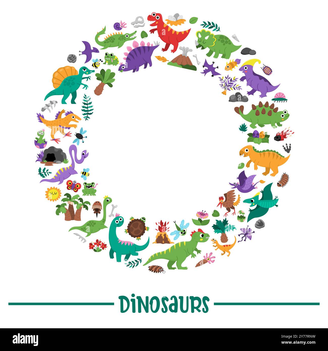 Vector dinosaur round wreath frame with Pterodactyl, Stegosaurus ...