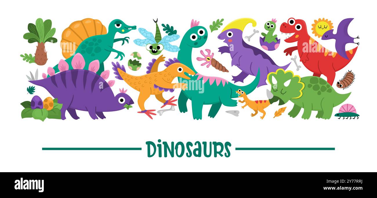 Vector horizontal dinosaur border set. Prehistoric card template design ...