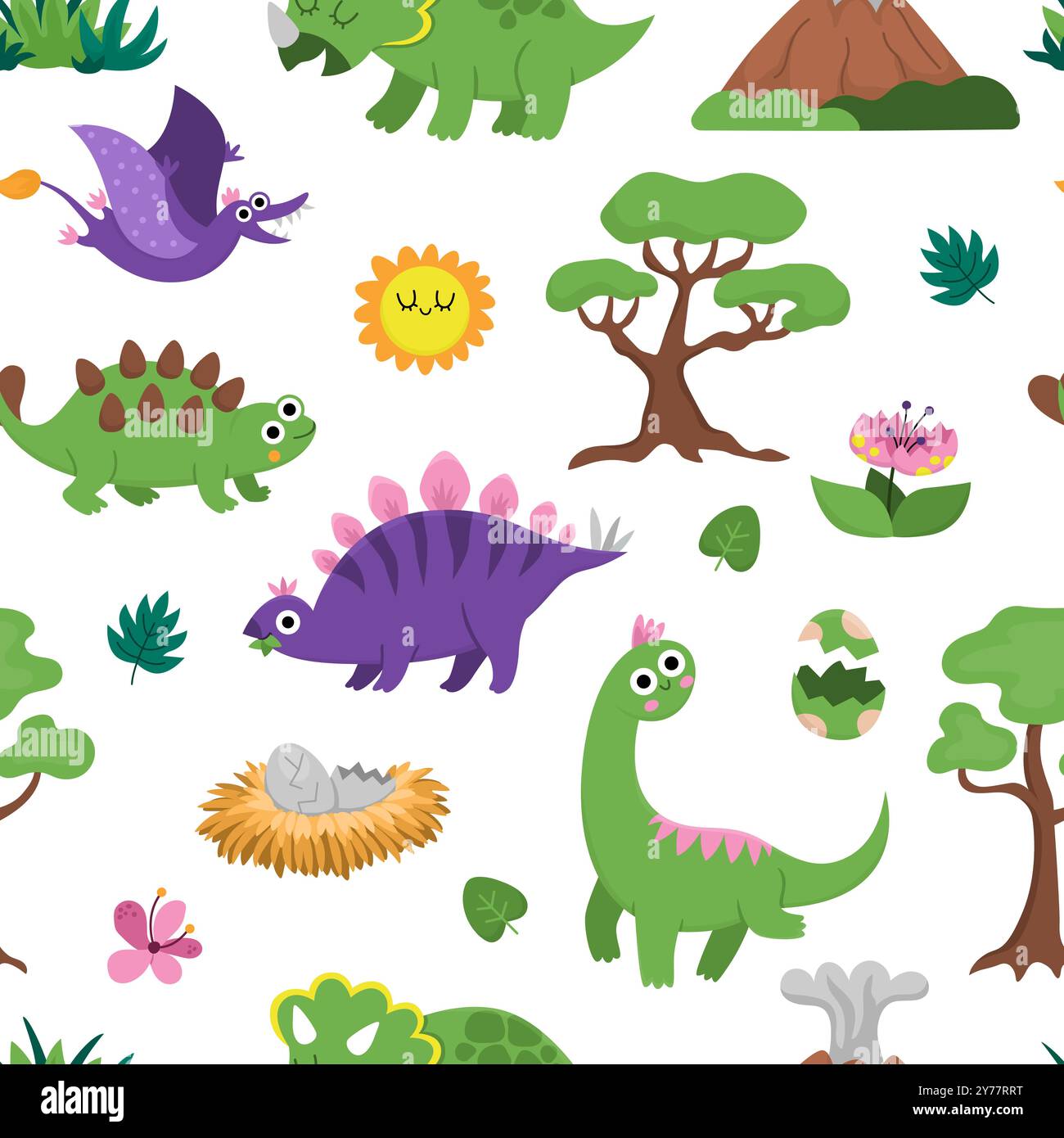 Vector dinosaur seamless pattern. Cute prehistoric animal repeat ...