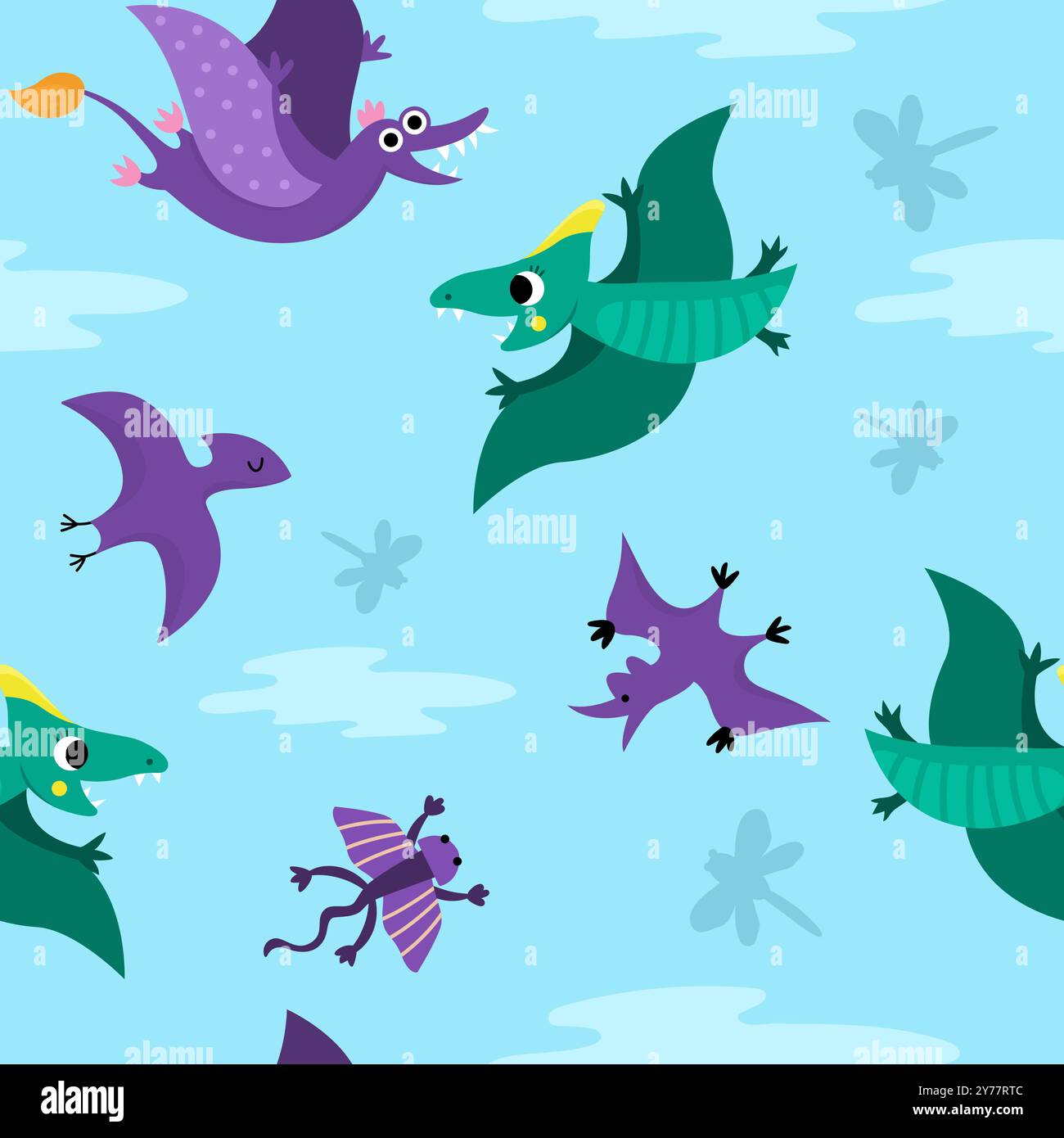 Vector flying dinosaur seamless pattern with pterosaurs. Cute ...