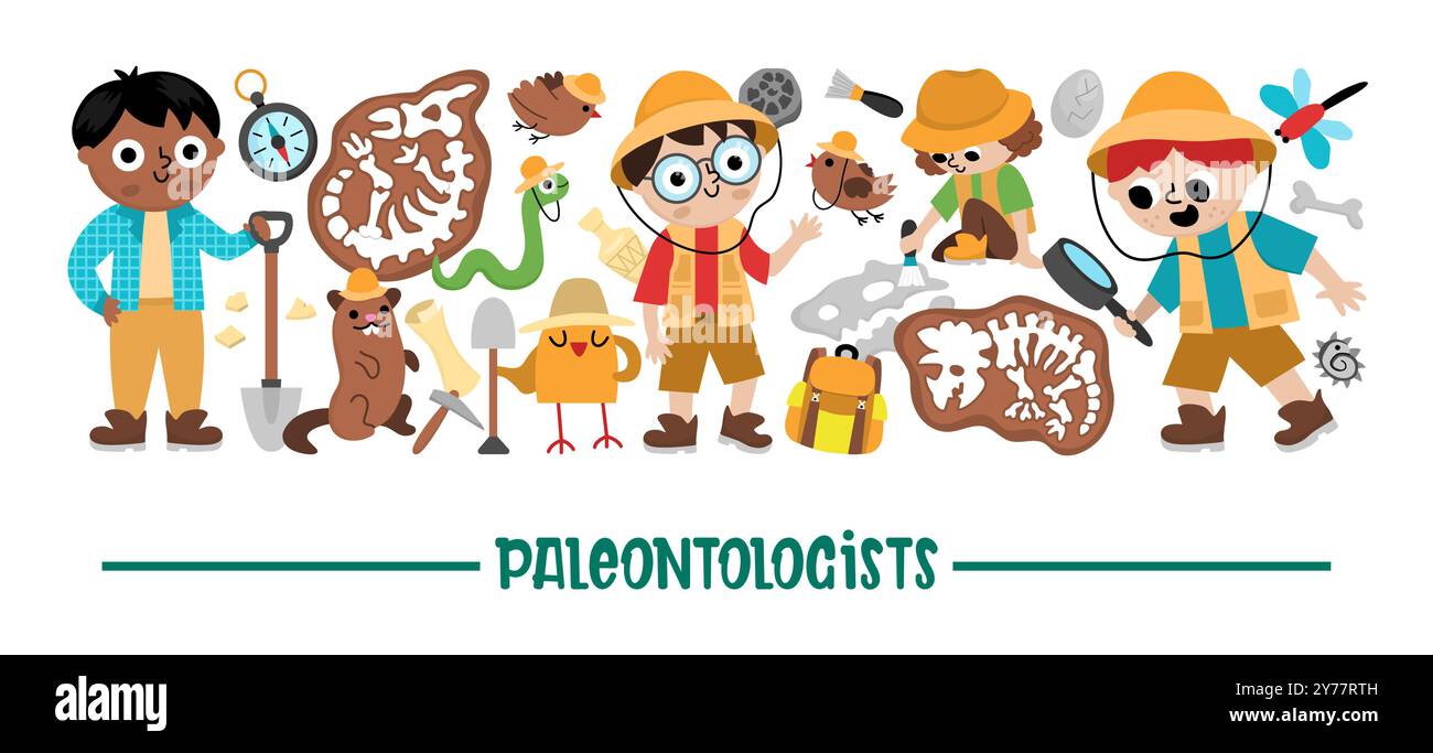 Vector horizontal paleontologist border set. Prehistoric animal ...