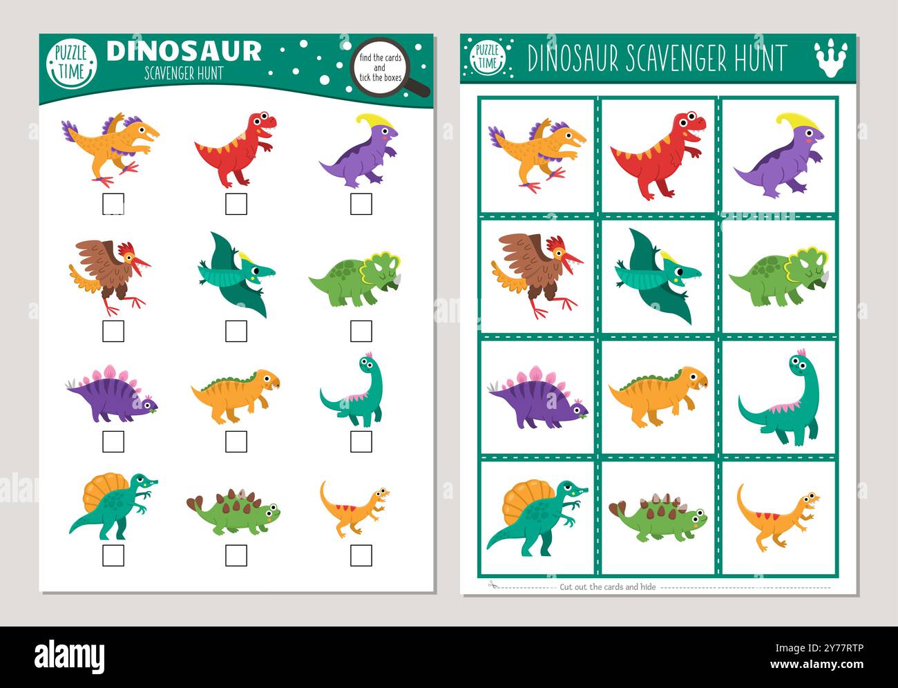 Vector dinosaur scavenger hunt cards set. Seek and find game with cute ...